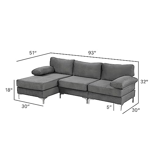 Casa Andrea Milano Modern Large Velvet Fabric Sectional Sofa, L-Shape Couch with Extra Wide Chaise Lounge, Grey