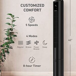 HOLMES 42" Digital Tower Fan with Accent Light, ClearRead Display, High/Low Brightness Level, 90° Oscillation, 5 Speeds, 4 Modes, 8-Hour Timer, Home, Bedroom or Office, Remote Control, Matte Black