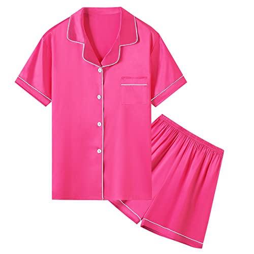 Silk Pajamas Sets for Women, 2 Pcs Sleepwear Silk Button-Down Pj Lounge Set, Hot Pink, US XS