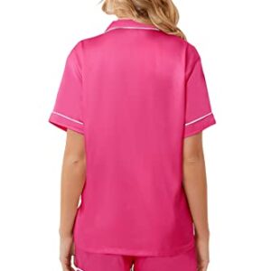 Silk Pajamas Sets for Women, 2 Pcs Sleepwear Silk Button-Down Pj Lounge Set, Hot Pink, US XS