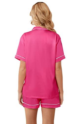 Silk Pajamas Sets for Women, 2 Pcs Sleepwear Silk Button-Down Pj Lounge Set, Hot Pink, US XS