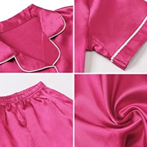 Silk Pajamas Sets for Women, 2 Pcs Sleepwear Silk Button-Down Pj Lounge Set, Hot Pink, US XS