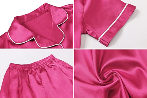 Silk Pajamas Sets for Women, 2 Pcs Sleepwear Silk Button-Down Pj Lounge Set, Hot Pink, US XS