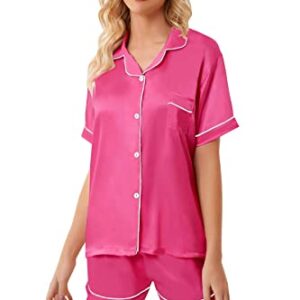 Silk Pajamas Sets for Women, 2 Pcs Sleepwear Silk Button-Down Pj Lounge Set, Hot Pink, US XS