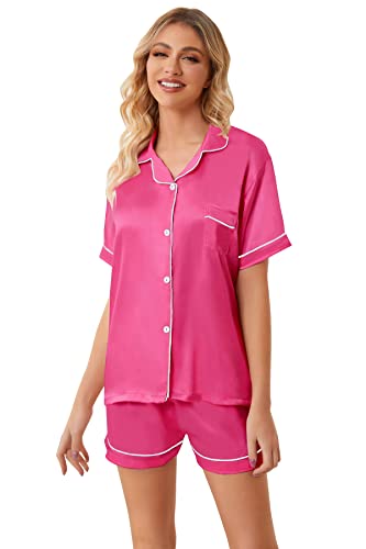 Silk Pajamas Sets for Women, 2 Pcs Sleepwear Silk Button-Down Pj Lounge Set, Hot Pink, US XS