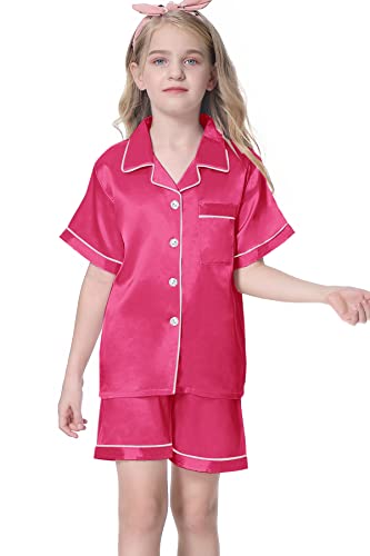 Silk Pajamas Sets for Women, 2 Pcs Sleepwear Silk Button-Down Pj Lounge Set, Hot Pink, US XS