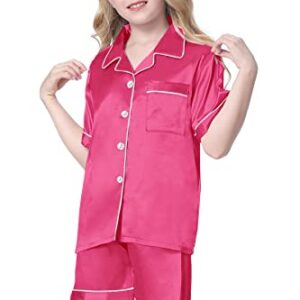 Silk Pajamas Sets for Women, 2 Pcs Sleepwear Silk Button-Down Pj Lounge Set, Hot Pink, US XS