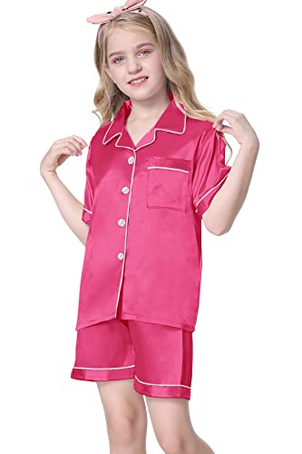 Silk Pajamas Sets for Women, 2 Pcs Sleepwear Silk Button-Down Pj Lounge Set, Hot Pink, US XS