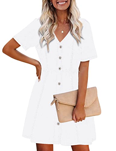 luvamia Women's Denim Shirt Dress Button Down Skirt V Neck Short Sleeve Jean Dresses Cute Dresses Skater Dress Knee Length Dress for Women A Line Dresses for Women Brilliant White Size Medium