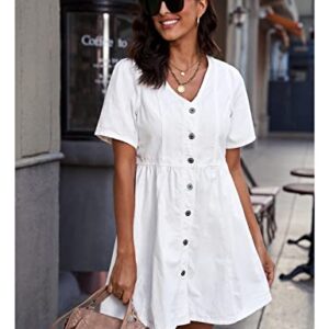 luvamia Women's Denim Shirt Dress Button Down Skirt V Neck Short Sleeve Jean Dresses Cute Dresses Skater Dress Knee Length Dress for Women A Line Dresses for Women Brilliant White Size Medium