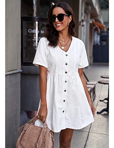 luvamia Women's Denim Shirt Dress Button Down Skirt V Neck Short Sleeve Jean Dresses Cute Dresses Skater Dress Knee Length Dress for Women A Line Dresses for Women Brilliant White Size Medium