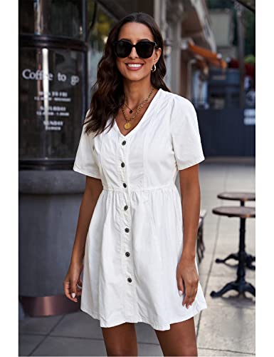 luvamia Women's Denim Shirt Dress Button Down Skirt V Neck Short Sleeve Jean Dresses Cute Dresses Skater Dress Knee Length Dress for Women A Line Dresses for Women Brilliant White Size Medium