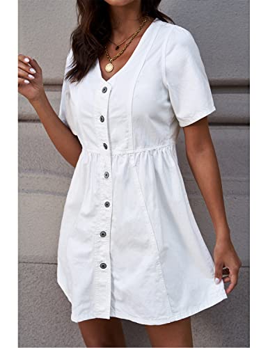 luvamia Women's Denim Shirt Dress Button Down Skirt V Neck Short Sleeve Jean Dresses Cute Dresses Skater Dress Knee Length Dress for Women A Line Dresses for Women Brilliant White Size Medium