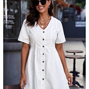 luvamia Women's Denim Shirt Dress Button Down Skirt V Neck Short Sleeve Jean Dresses Cute Dresses Skater Dress Knee Length Dress for Women A Line Dresses for Women Brilliant White Size Medium