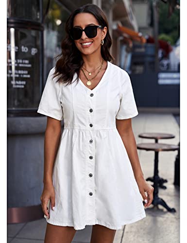 luvamia Women's Denim Shirt Dress Button Down Skirt V Neck Short Sleeve Jean Dresses Cute Dresses Skater Dress Knee Length Dress for Women A Line Dresses for Women Brilliant White Size Medium