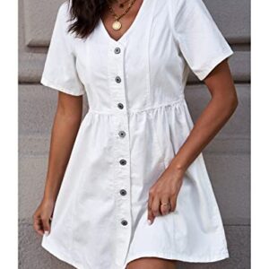 luvamia Women's Denim Shirt Dress Button Down Skirt V Neck Short Sleeve Jean Dresses Cute Dresses Skater Dress Knee Length Dress for Women A Line Dresses for Women Brilliant White Size Medium