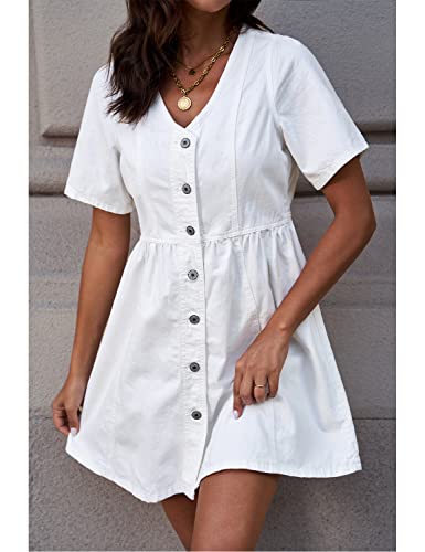 luvamia Women's Denim Shirt Dress Button Down Skirt V Neck Short Sleeve Jean Dresses Cute Dresses Skater Dress Knee Length Dress for Women A Line Dresses for Women Brilliant White Size Medium