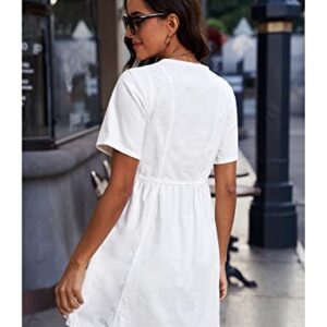 luvamia Women's Denim Shirt Dress Button Down Skirt V Neck Short Sleeve Jean Dresses Cute Dresses Skater Dress Knee Length Dress for Women A Line Dresses for Women Brilliant White Size Medium