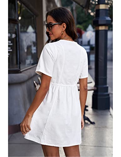 luvamia Women's Denim Shirt Dress Button Down Skirt V Neck Short Sleeve Jean Dresses Cute Dresses Skater Dress Knee Length Dress for Women A Line Dresses for Women Brilliant White Size Medium