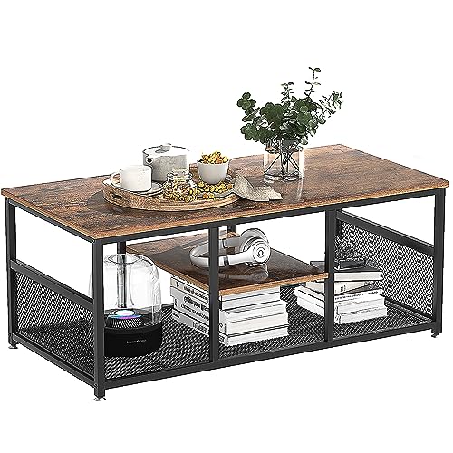 VECELO Coffee Center Table with Storage for Living Room Office Reception, Modern & Industrial Mesh Shelf, 39.4 Inch, Rustic Brown