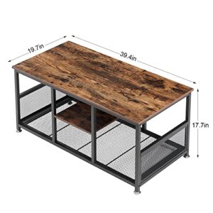 VECELO Coffee Center Table with Storage for Living Room Office Reception, Modern & Industrial Mesh Shelf, 39.4 Inch, Rustic Brown