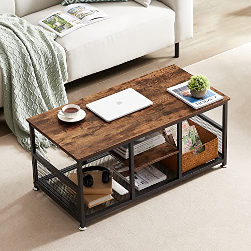 VECELO Coffee Center Table with Storage for Living Room Office Reception, Modern & Industrial Mesh Shelf, 39.4 Inch, Rustic Brown