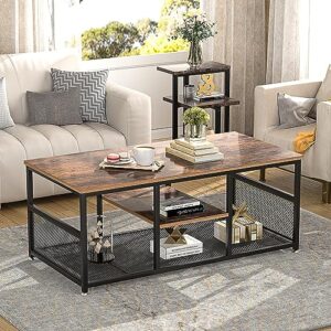 VECELO Coffee Center Table with Storage for Living Room Office Reception, Modern & Industrial Mesh Shelf, 39.4 Inch, Rustic Brown