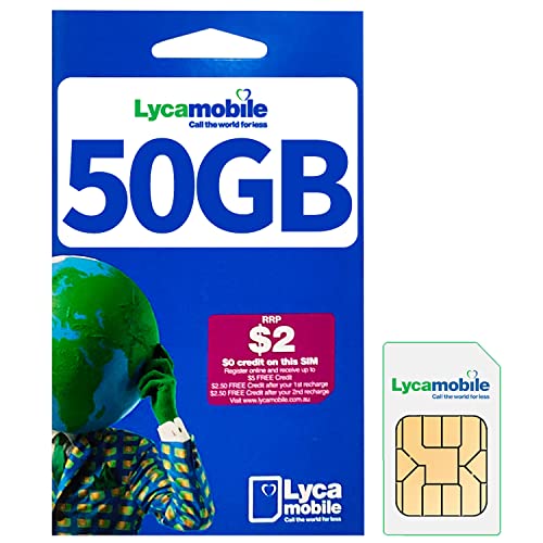 Lycamobile Australia Prepaid SIM Card - 50 GB Internet Data in 4G/LTE for 28 Days, Unlimited Talk in Australia, Triple Cut 3 in 1 Simcard - Standard Micro Nano