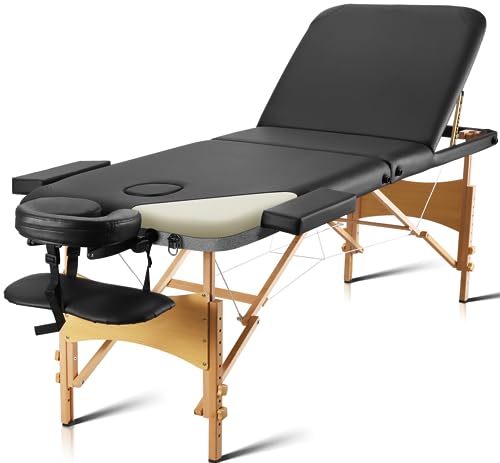 Careboda Professional Massage Table Foldable Massage Bed 3 Fold with 4cm High Density Sponge Robust Beechwood Legs Carrying Bag Full Accessories for Spa Salon Tattoo Beauty