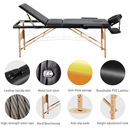 Careboda Professional Massage Table Foldable Massage Bed 3 Fold with 4cm High Density Sponge Robust Beechwood Legs Carrying Bag Full Accessories for Spa Salon Tattoo Beauty