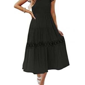 ZESICA Women's 2023 Casual Crew Neck Flutter Sleeve Smocked High Waist Hollow Out Lace Trim Tiered A Line Midi Dress,Black,Small