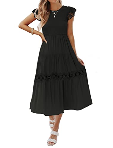 ZESICA Women's 2023 Casual Crew Neck Flutter Sleeve Smocked High Waist Hollow Out Lace Trim Tiered A Line Midi Dress,Black,Small