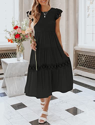 ZESICA Women's 2023 Casual Crew Neck Flutter Sleeve Smocked High Waist Hollow Out Lace Trim Tiered A Line Midi Dress,Black,Small