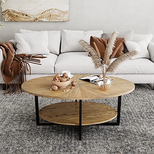 Solid Wood Oval Coffee Table with Cross Metal Legs, 43.3" 2-Tier Modern Industrail Center Table with Open Shelf Polished Edging Cocktail Tea Table for Living Room Bedroom Home, Rustic Nature 1811