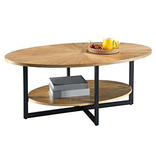 Solid Wood Oval Coffee Table with Cross Metal Legs, 43.3" 2-Tier Modern Industrail Center Table with Open Shelf Polished Edging Cocktail Tea Table for Living Room Bedroom Home, Rustic Nature 1811