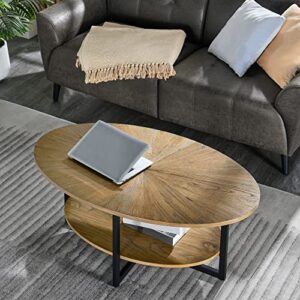 Solid Wood Oval Coffee Table with Cross Metal Legs, 43.3" 2-Tier Modern Industrail Center Table with Open Shelf Polished Edging Cocktail Tea Table for Living Room Bedroom Home, Rustic Nature 1811