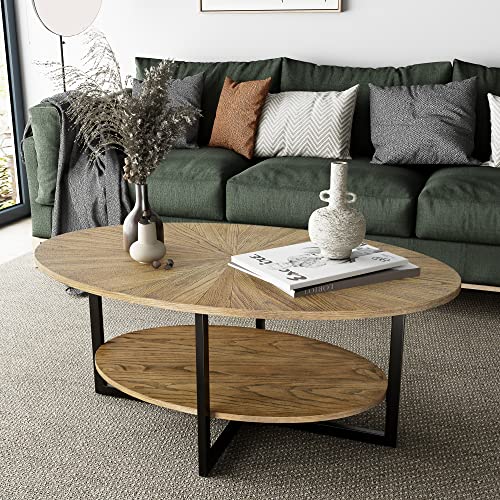 Solid Wood Oval Coffee Table with Cross Metal Legs, 43.3" 2-Tier Modern Industrail Center Table with Open Shelf Polished Edging Cocktail Tea Table for Living Room Bedroom Home, Rustic Nature 1811