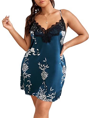 WDIRARA Women's Plus Size Graphic Cami Chemise Slip Nightdress Night Shirts Sleepwear Satin Floral Blue 2XL