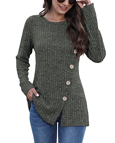 Fall Tops for Women Casual Crew Neck Long Sleeve Pullover Sweaters Green