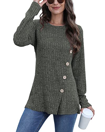 Fall Tops for Women Casual Crew Neck Long Sleeve Pullover Sweaters Green