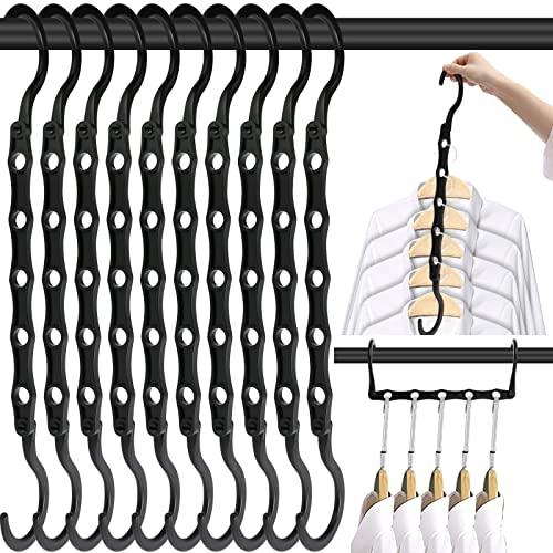 Space Saving Hangers, 10PCS Magic Hangers, 5 Holes Sturdy Plastic Clothes Closet Organizers and Storage, Space Saver Organization, College Dorm Room Essentials (Black)