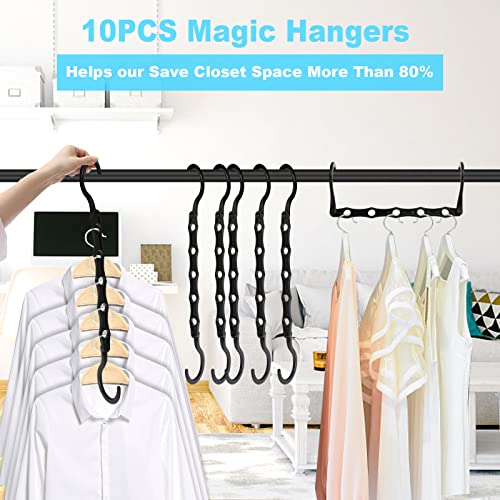 Space Saving Hangers, 10PCS Magic Hangers, 5 Holes Sturdy Plastic Clothes Closet Organizers and Storage, Space Saver Organization, College Dorm Room Essentials (Black)