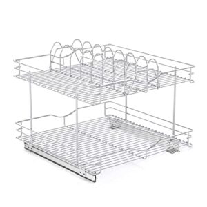 FULGENTE Pull Out Cabinet Organizer for Lid Cookware 20" W x 21" D 2 Tier Slide Out Kitchen Cabinet Shelves for Pots Pans Organizer Rack Organizador De Ollas y Sartenes Wire Frame Chrome Finish