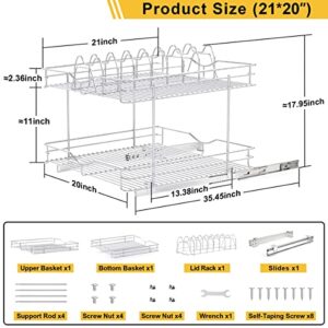 FULGENTE Pull Out Cabinet Organizer for Lid Cookware 20" W x 21" D 2 Tier Slide Out Kitchen Cabinet Shelves for Pots Pans Organizer Rack Organizador De Ollas y Sartenes Wire Frame Chrome Finish