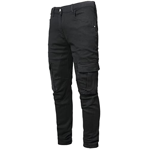 Black Jeans for Men Stretch Skinny Multi Pockets Slim Fit Elastic Jeans Comfort Tapered Leg Cargo Pencil Denim Pants, Black, 36