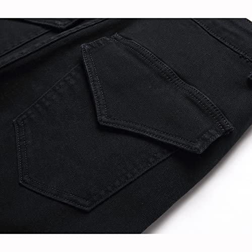 Black Jeans for Men Stretch Skinny Multi Pockets Slim Fit Elastic Jeans Comfort Tapered Leg Cargo Pencil Denim Pants, Black, 36