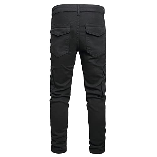 Black Jeans for Men Stretch Skinny Multi Pockets Slim Fit Elastic Jeans Comfort Tapered Leg Cargo Pencil Denim Pants, Black, 36