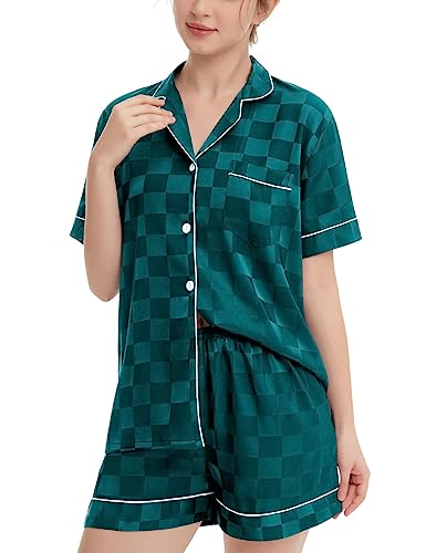 SWOMOG Women's Silk Satin Pajamas Set Short Sleeve Sleepwear Button Down Loungewear Checker Top and Shorts 2 Pcs Pjs