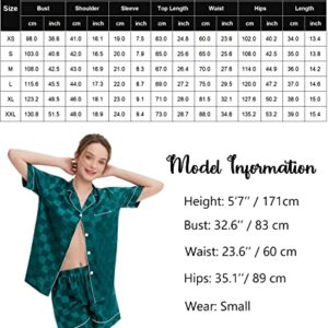 SWOMOG Women's Silk Satin Pajamas Set Short Sleeve Sleepwear Button Down Loungewear Checker Top and Shorts 2 Pcs Pjs