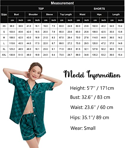 SWOMOG Women's Silk Satin Pajamas Set Short Sleeve Sleepwear Button Down Loungewear Checker Top and Shorts 2 Pcs Pjs